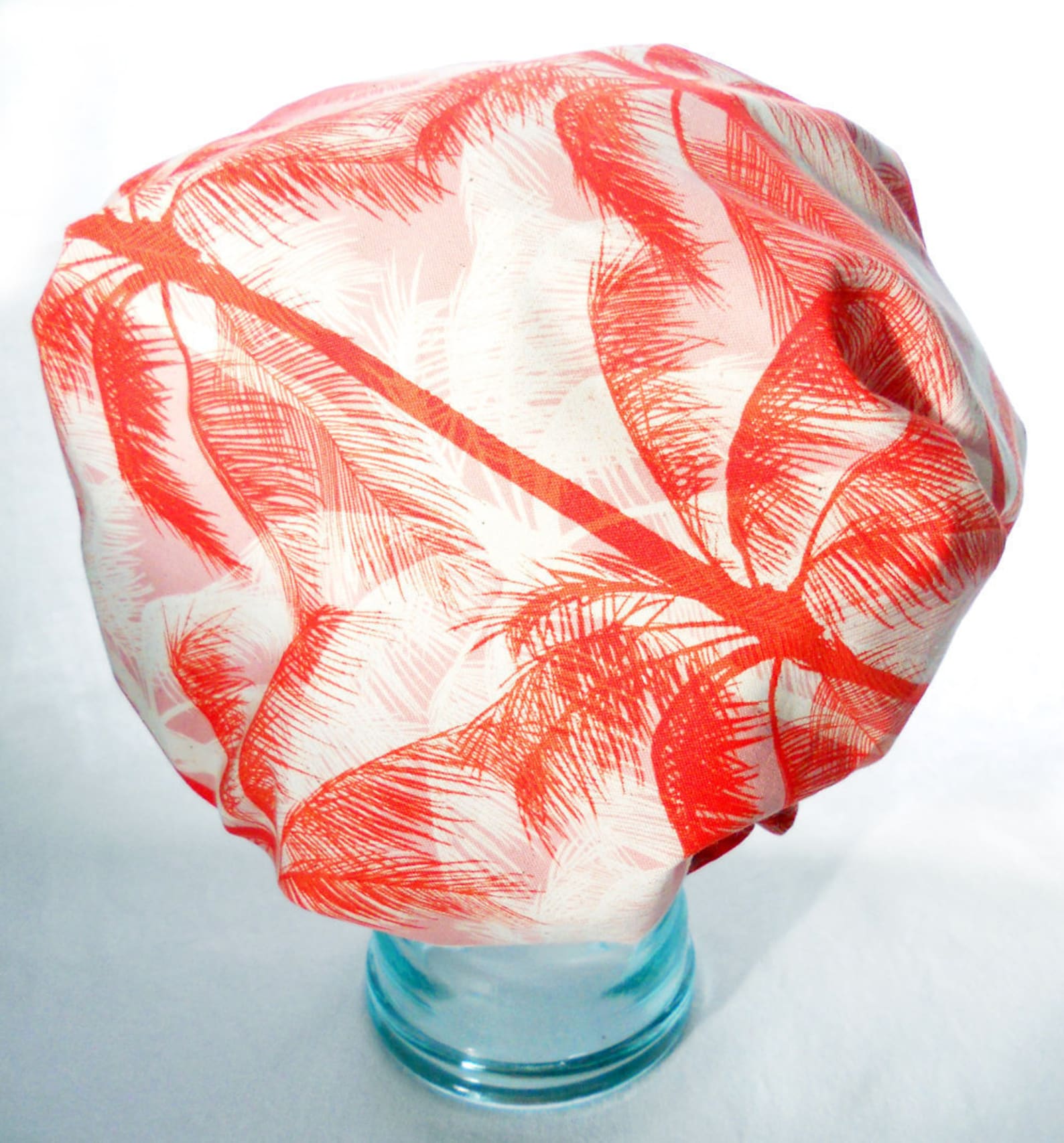 Retro Shower Cap - Vintage Tropical Red Pink White Palm Tree Leaves ...