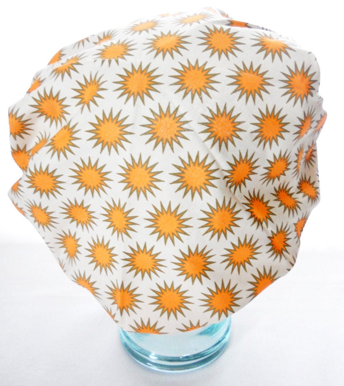 Shower Cap - Retro Vintage Mod Sunburst Gold Orange Starburst on ...