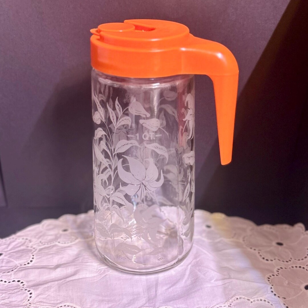 Vintage Anchor Hocking Tang Glass Pitcher With Etched Floral Lillies ...
