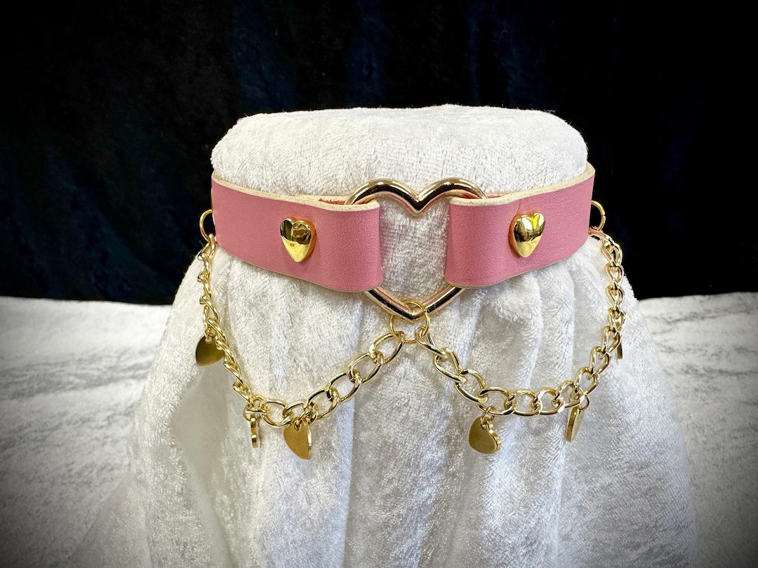 Handmade Pink Leather Choker With Hearts and Chains Handmade for Goth ...