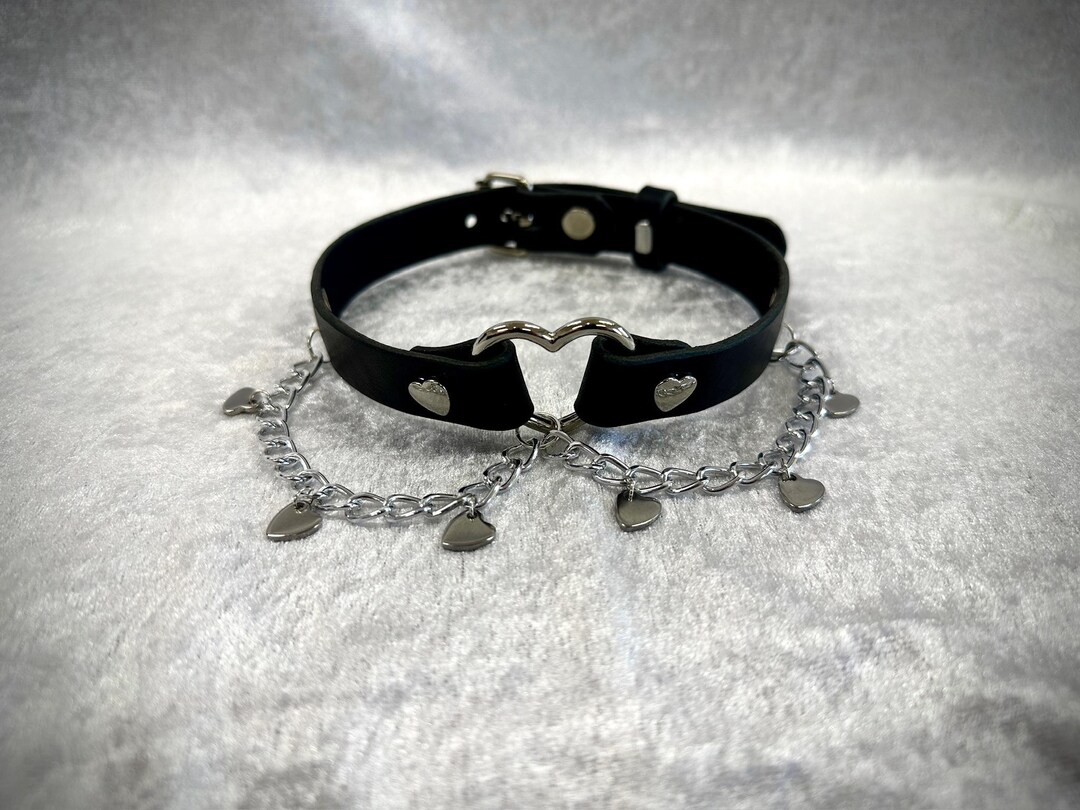 Black Real Leather Choker Collar With Hearts and Chains, Handmade ...