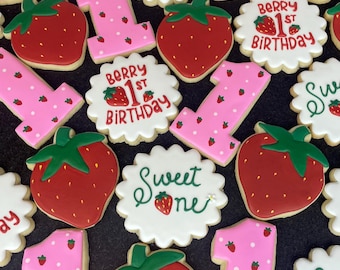 2 Dozen Berry First Birthday Cookies (strawberry Theme) Customizable ...