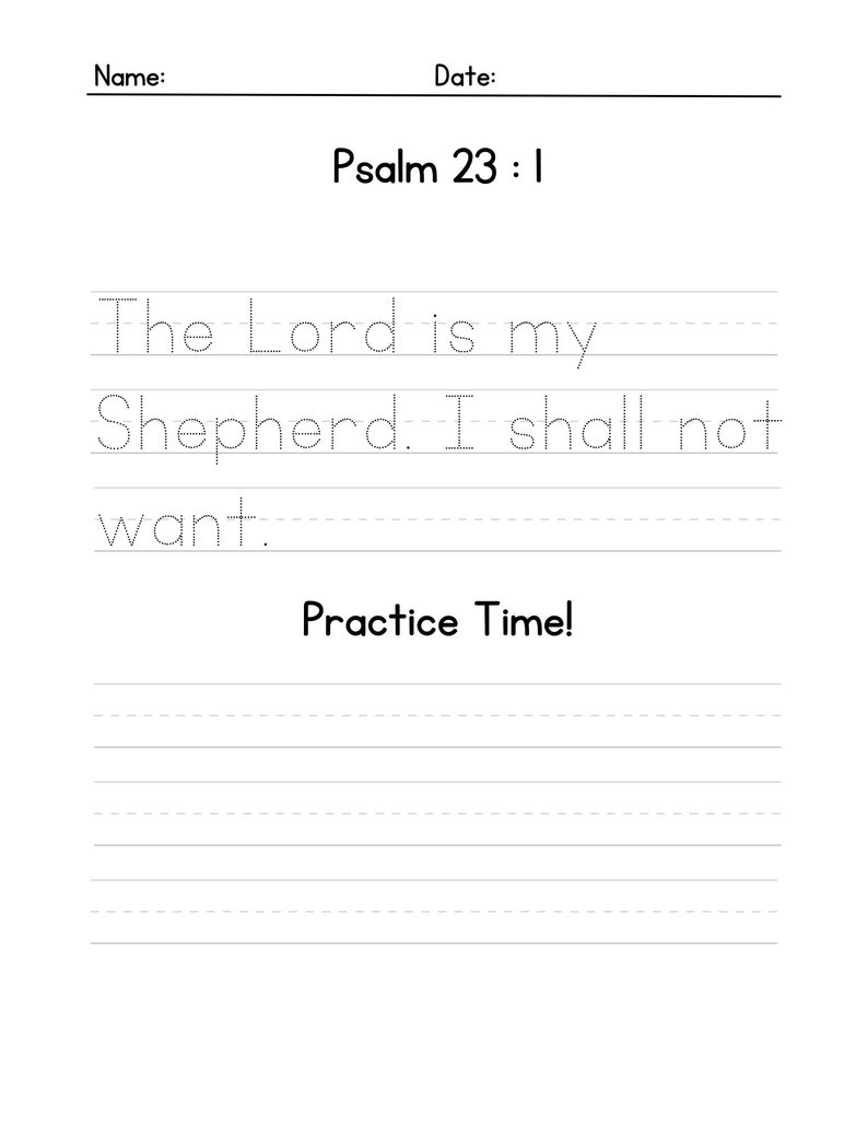 Psalm 23, Scripture Handwriting Practice, Printable Worksheets, Kids ...