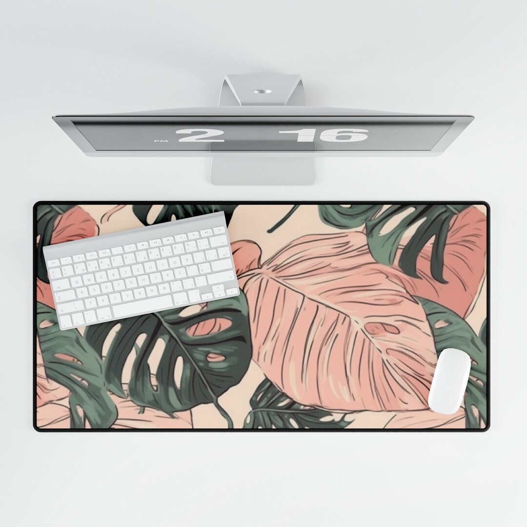 Pink and Green Monstera Desk Mat, Botanical Work Station Pad, Office ...
