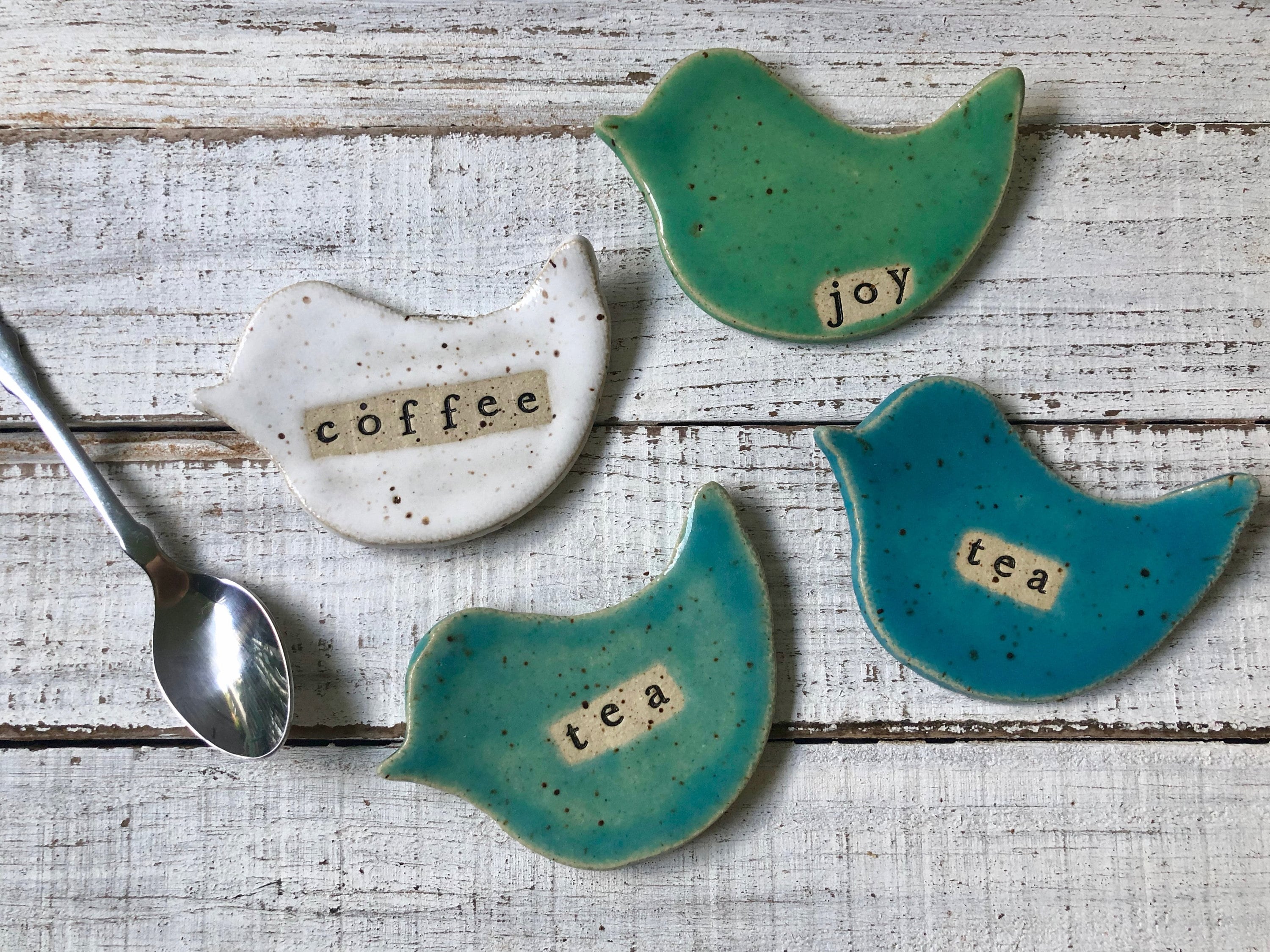 Stamped Ceramic Bird- Coffee Spoon Rest - Tea Bag Rest - Trinket Dish ...