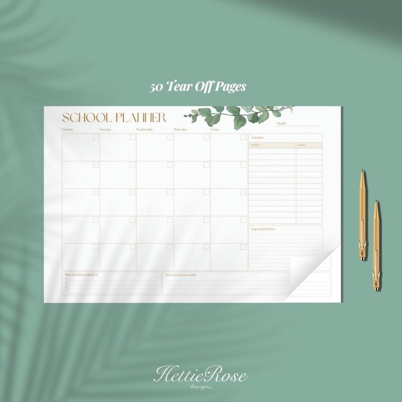 A3 Weekly Tear-off School Planner Pad White & Gold Eucalyptus Themed ...