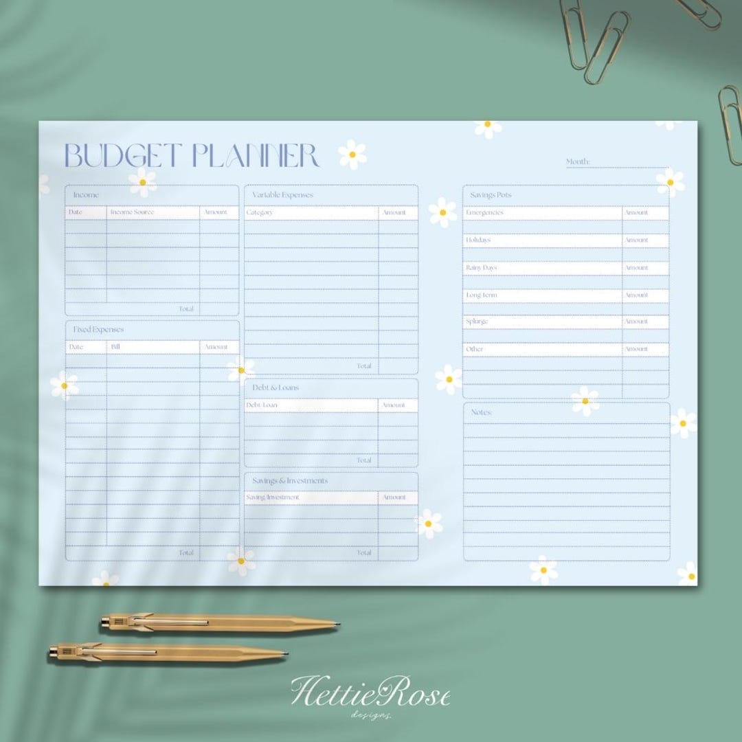 A3 Monthly Budget Tear-off Planner Pad Blue Daisy Themed Desk Planner ...