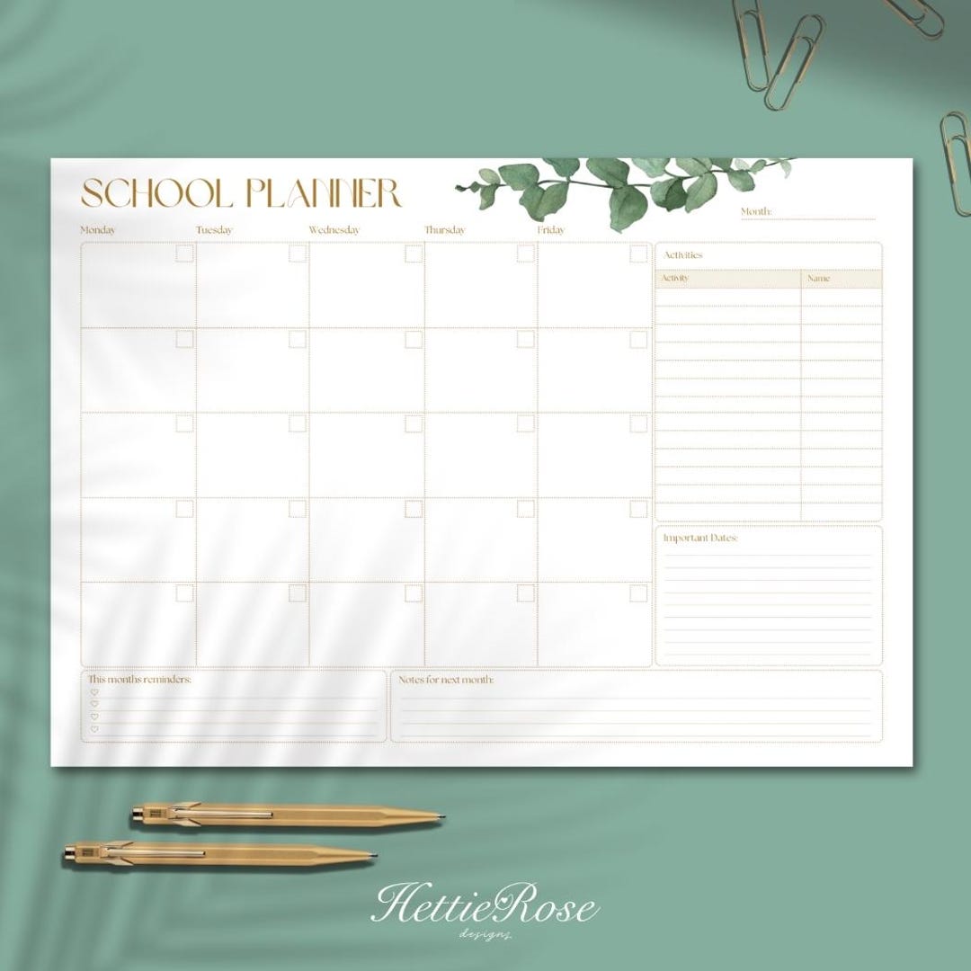 A3 Weekly Tear-off School Planner Pad White & Gold Eucalyptus Themed ...