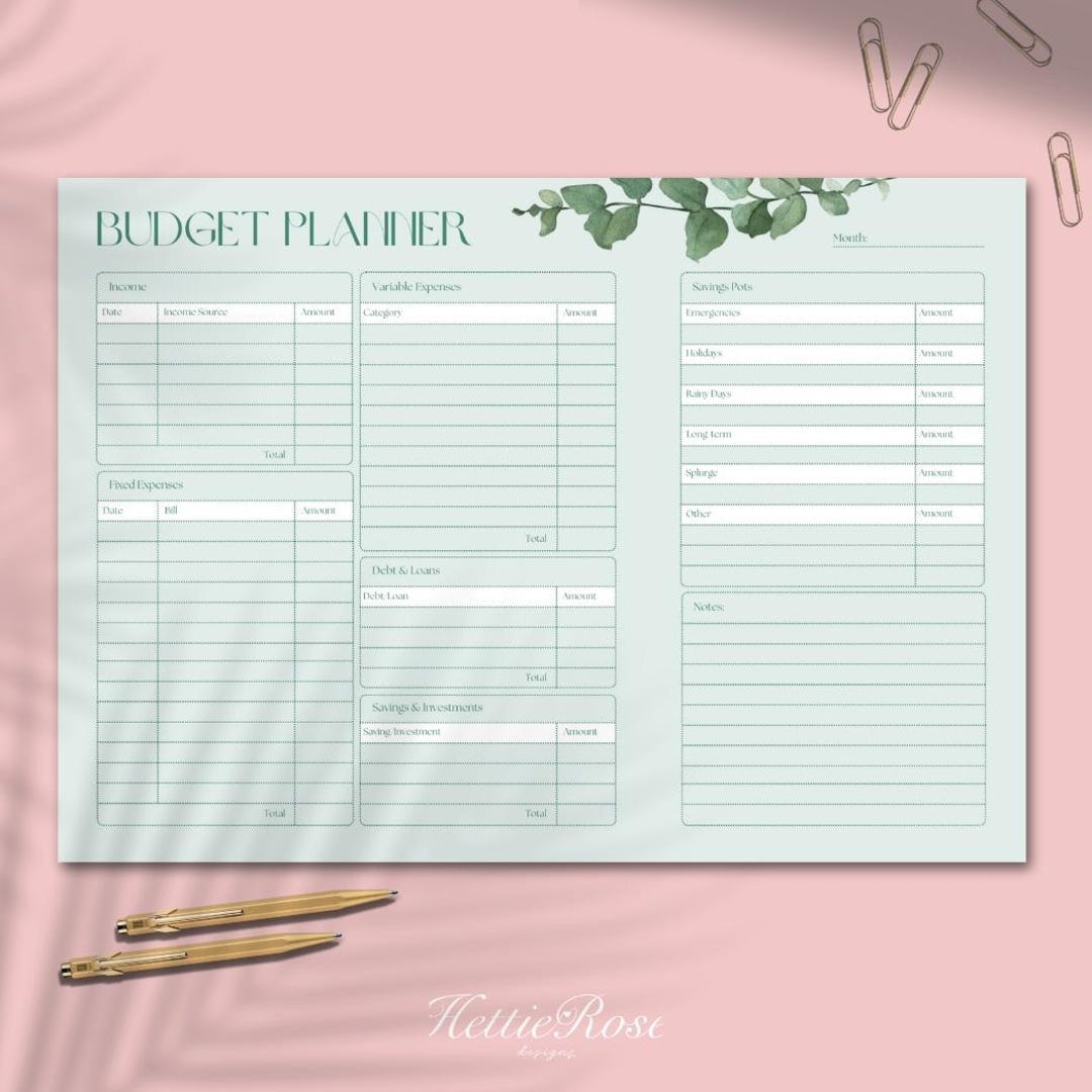 A3 Monthly Budget Tear-off Planner Pad Green Eucalyptus Themed Desk ...