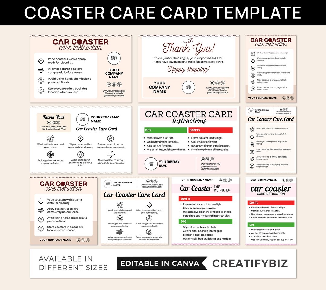 Editable Car Coaster Care Card Template, Printable Instructions Canva ...