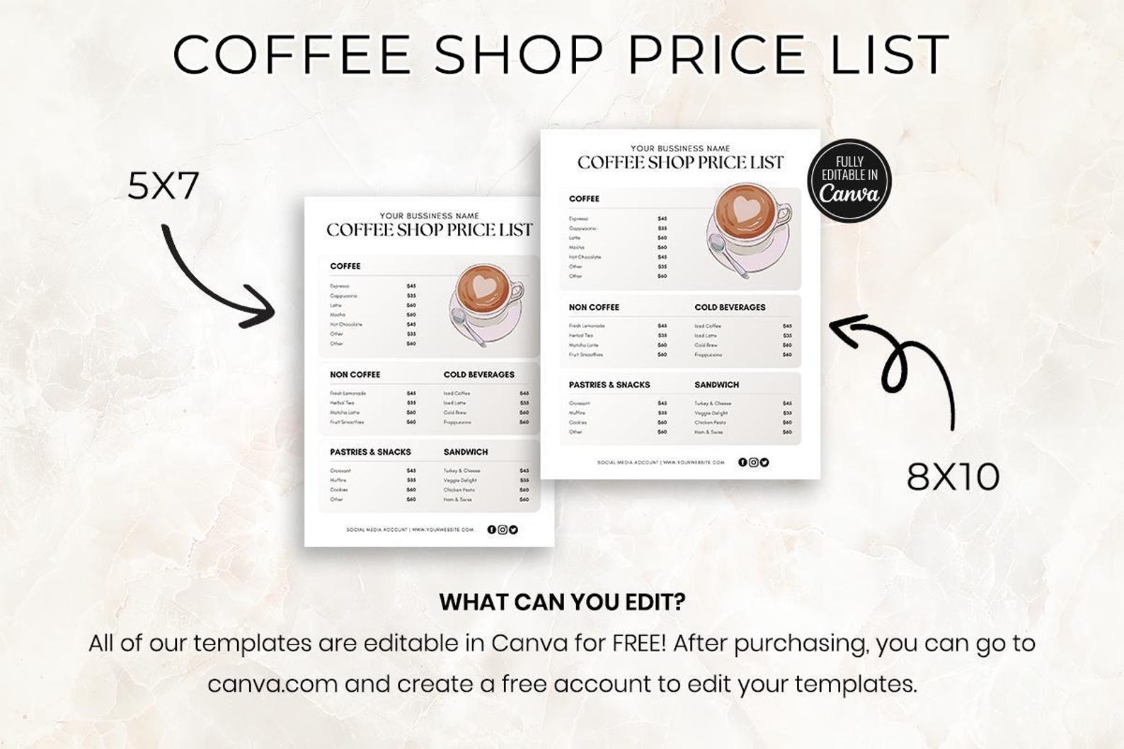 Coffee Shop Menu Template, Customizable Cafe Price List (5x7, 10x8 ...