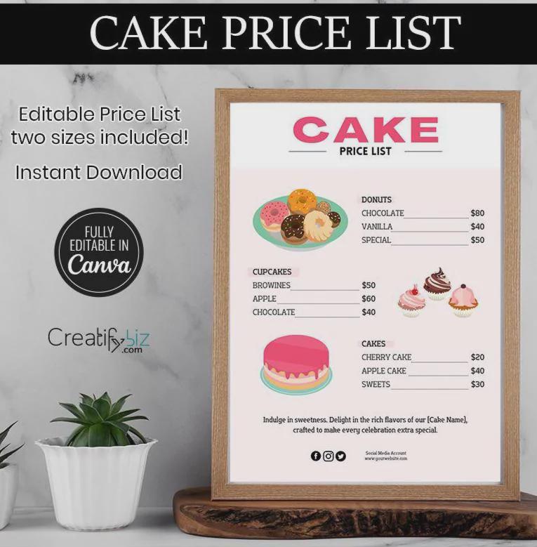 Cake Price List Menu Template Canva Editable Bakery Custom Dessert ...