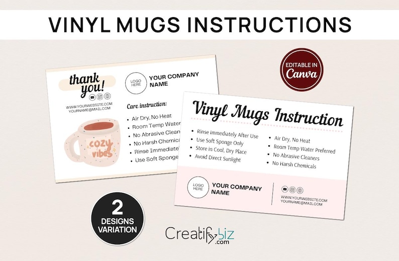 Printable Care Card Template for Vinyl Mugs Tumbler Cup Care Card Small ...