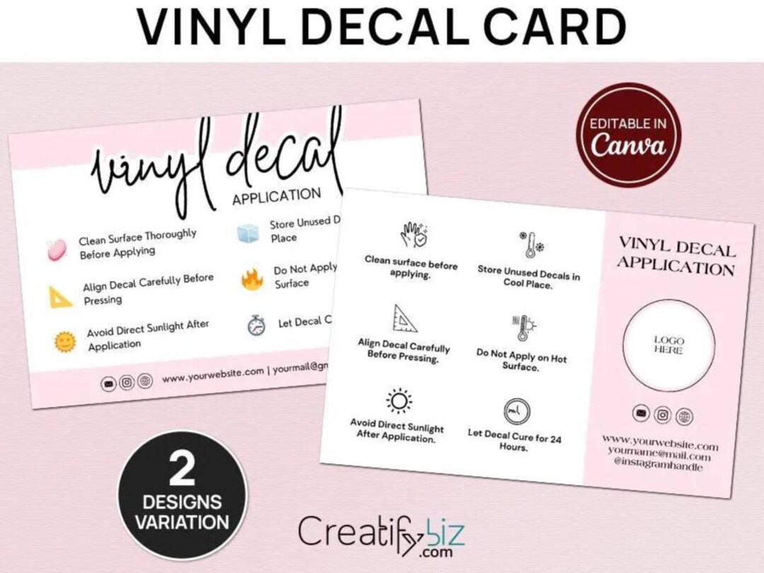 Vinyl Decal Instruction Card, Vinyl Decal Application Care Instructions ...