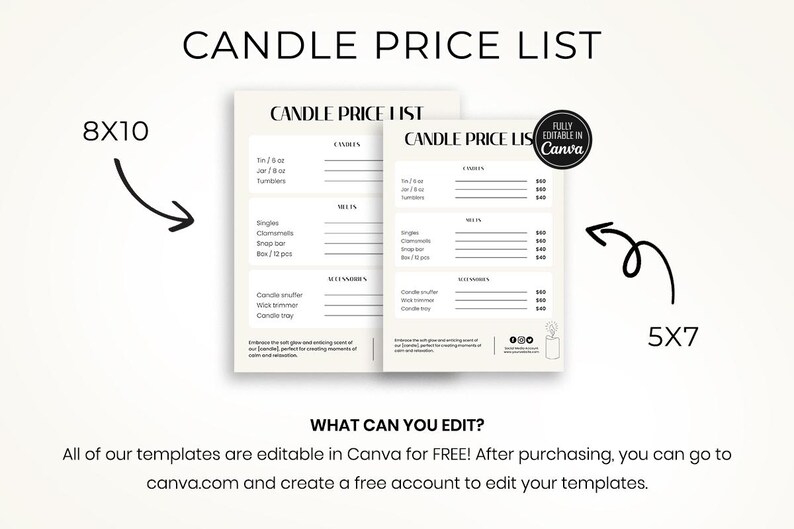 Candle Price List Template, Editable Canva Pricing Guide (5x7 & 10x8 ...