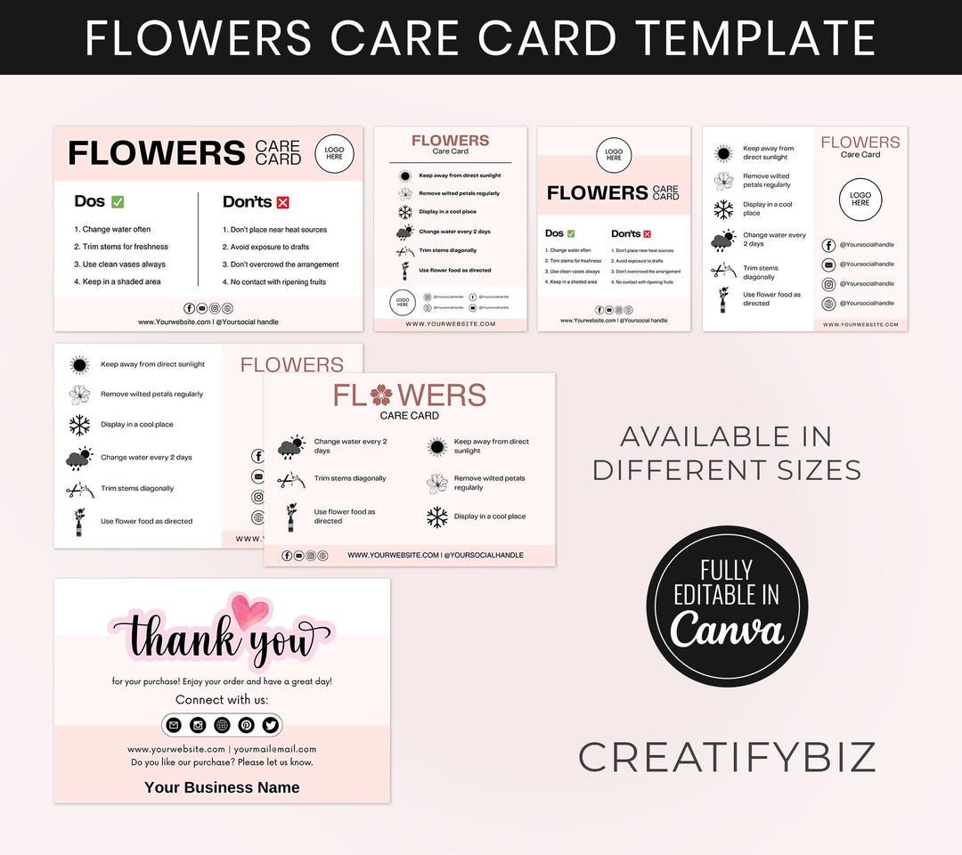 Flowers Care Card, Editable Canva Templates, Printable Flowers Care ...