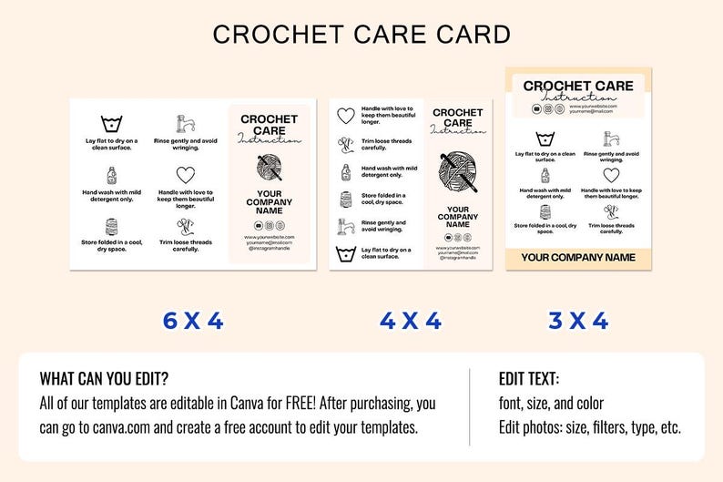 Crochet Care Cards Template, Printable Crochet Care Instructions Guide ...