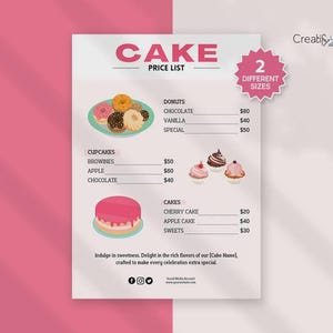 Cake Price List Menu Template Canva Editable Bakery Custom Dessert ...