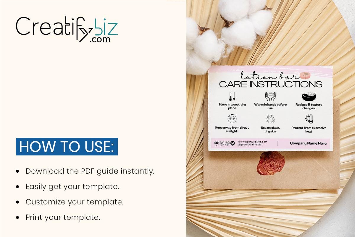 Editable Lotion Bar Care Card Template, Small Business Packaging (canva ...
