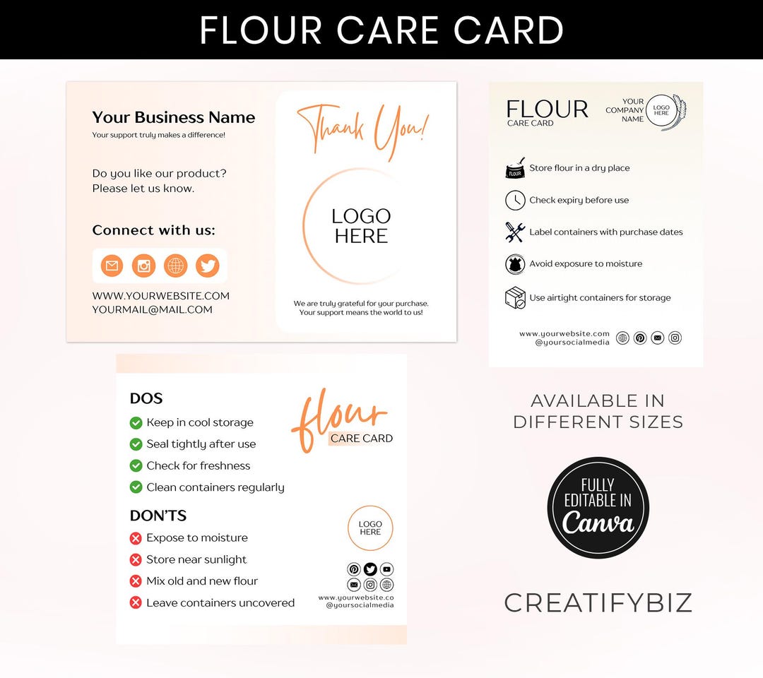 Flour Care Card Template, Editable Canva Templates, Printable Baking ...