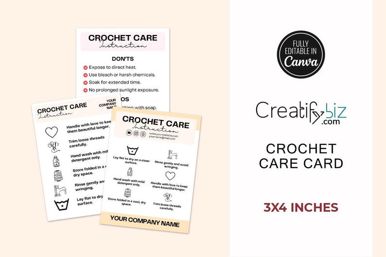 Printable Crochet Care Card Template, Small Business Thank You (digital ...