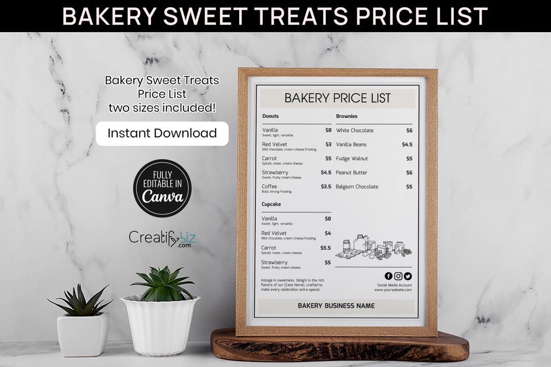 Bakery Sweet Treats Price List, Editable Canva Menu Template - Etsy