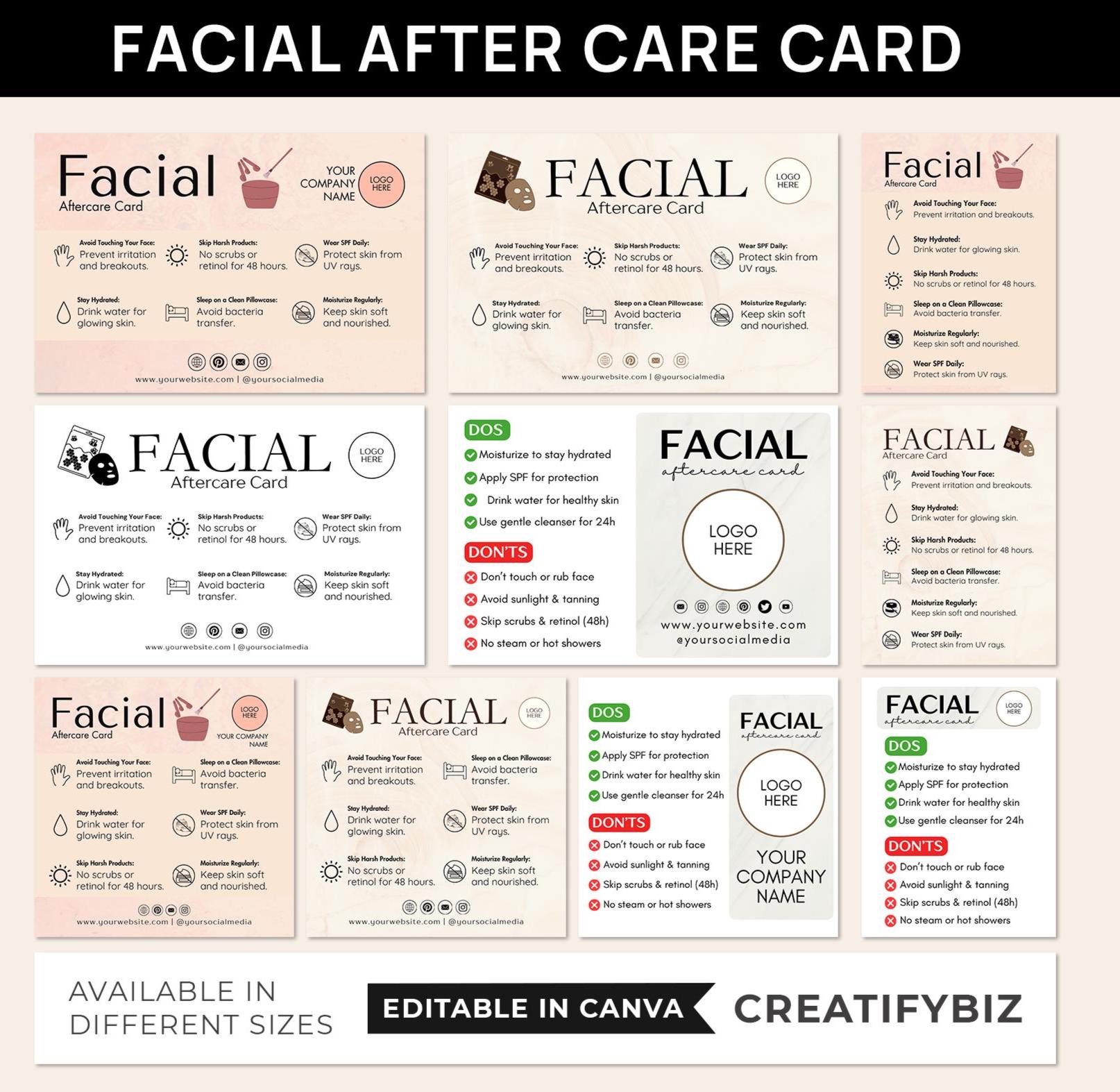 Printable Facial Aftercare Card Template Canva Care Skincare ...