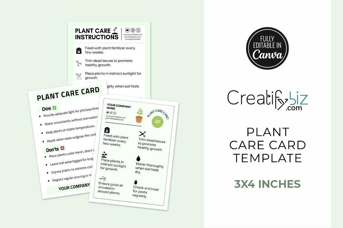 Printable Plant Care Card Template, Editable Instructions Guide ...