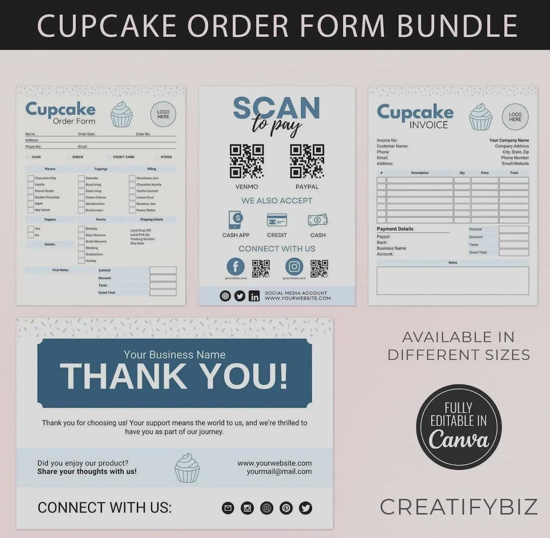 Cupcake Order Form Bundle, Canva Editable Template, Invoice Tracking ...