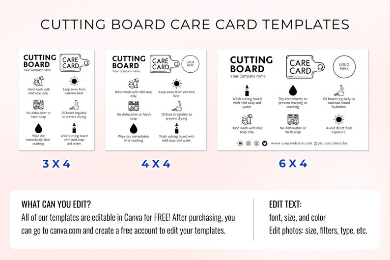 Printable Cutting Board Care Card Template Canva Wood Instructions ...