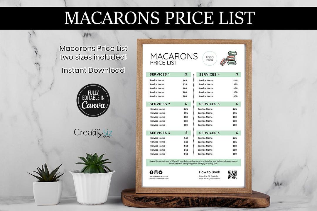 Macarons Price List, Editable Canva Templates, French Macarons, Small ...
