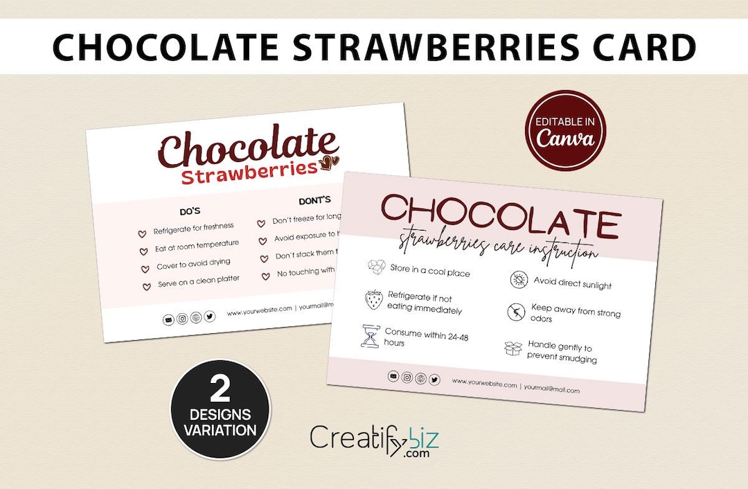 Chocolate Strawberries Care Card, Business Packaging Insert (canva ...