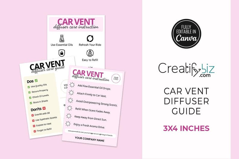 Car Vent Diffuser Guide Template, Essential Oil Care Card (canva) - Etsy