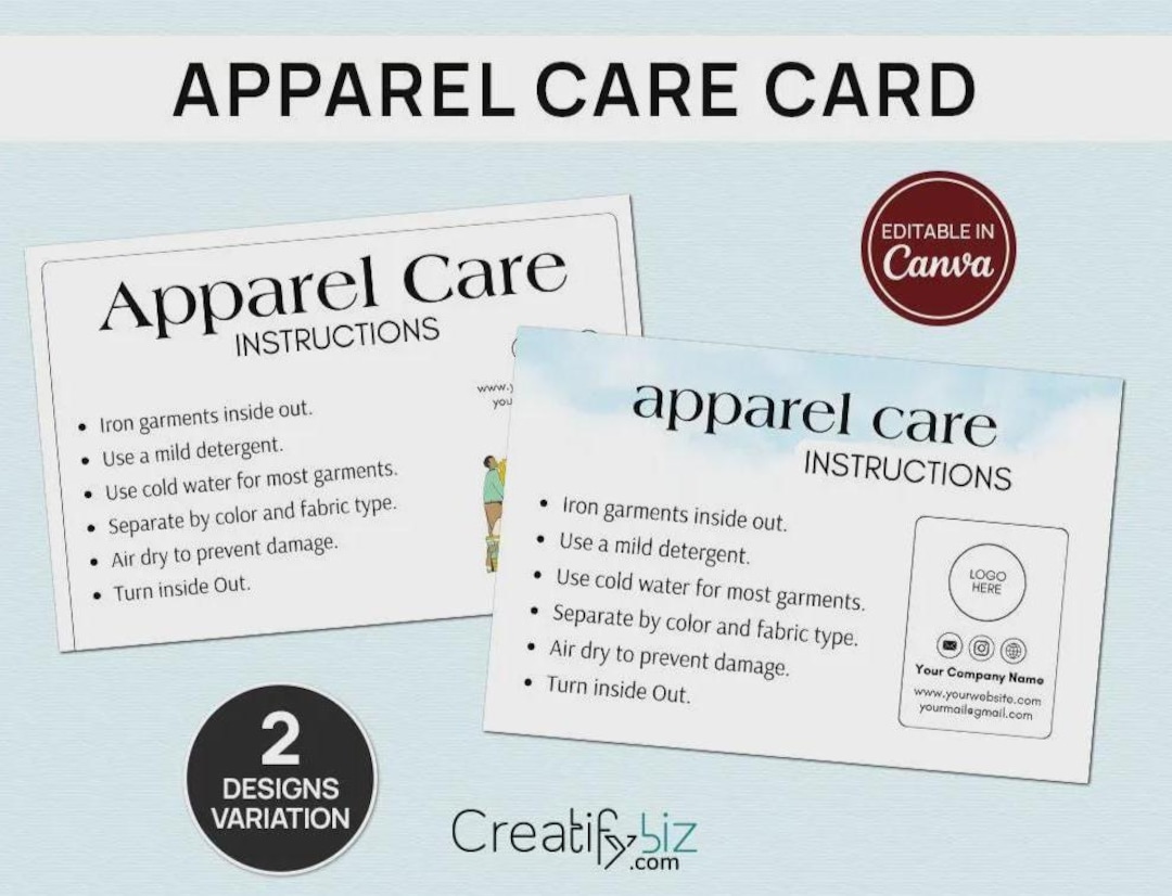 Printable Apparel Care Instruction Card Canva Template for Small ...