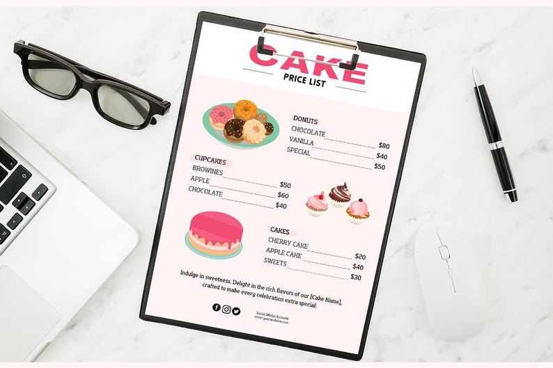 Cake Price List Menu Template Canva Editable Bakery Custom Dessert ...