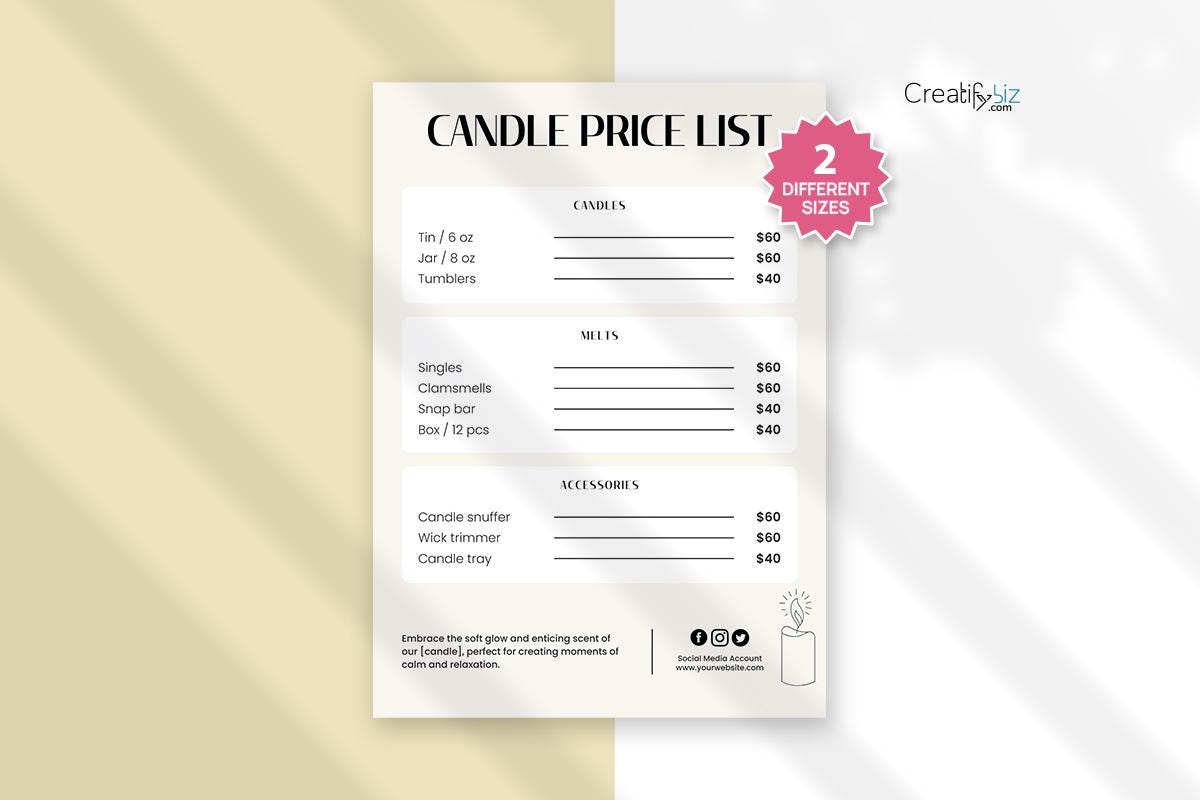 Candle Price List Template, Editable Canva Pricing Guide (5x7 & 10x8 ...