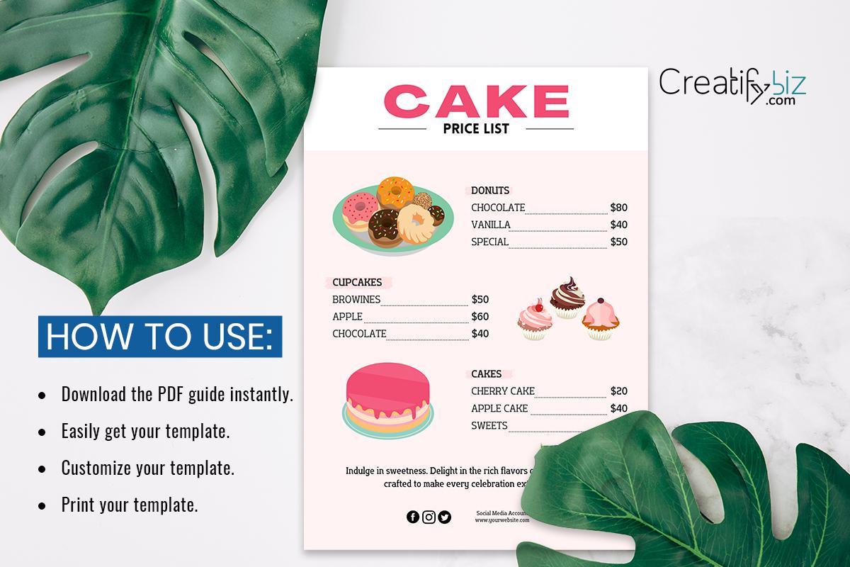 Cake Price List Menu Template Canva Editable Bakery Custom Dessert ...