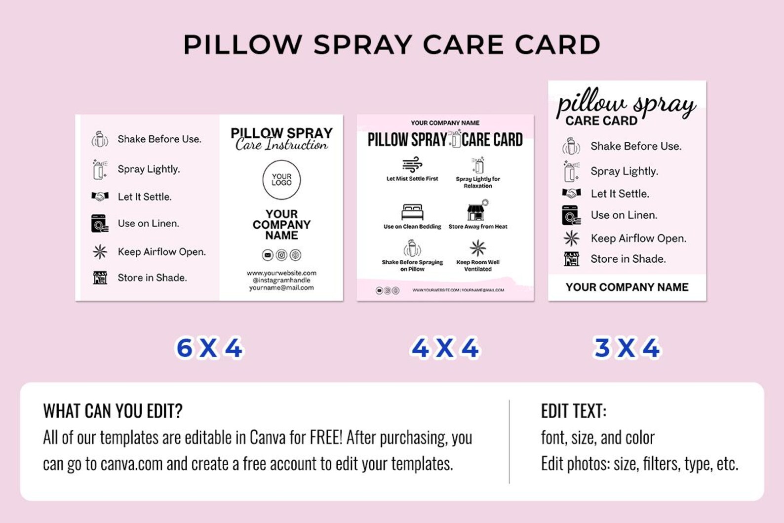 Pillow Spray Care Card Template Canva Editable for Small Business 6×4 ...