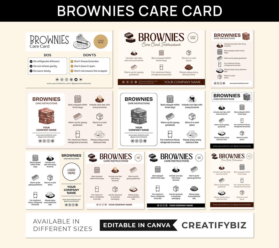 Brownies Care Card Template, Editable Brownie Label Care Instructions Template, Brownie Bake ...