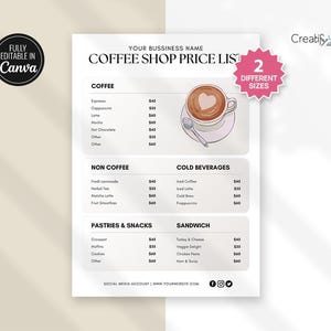 Coffee Shop Menu Template, Customizable Cafe Price List (5x7, 10x8 ...