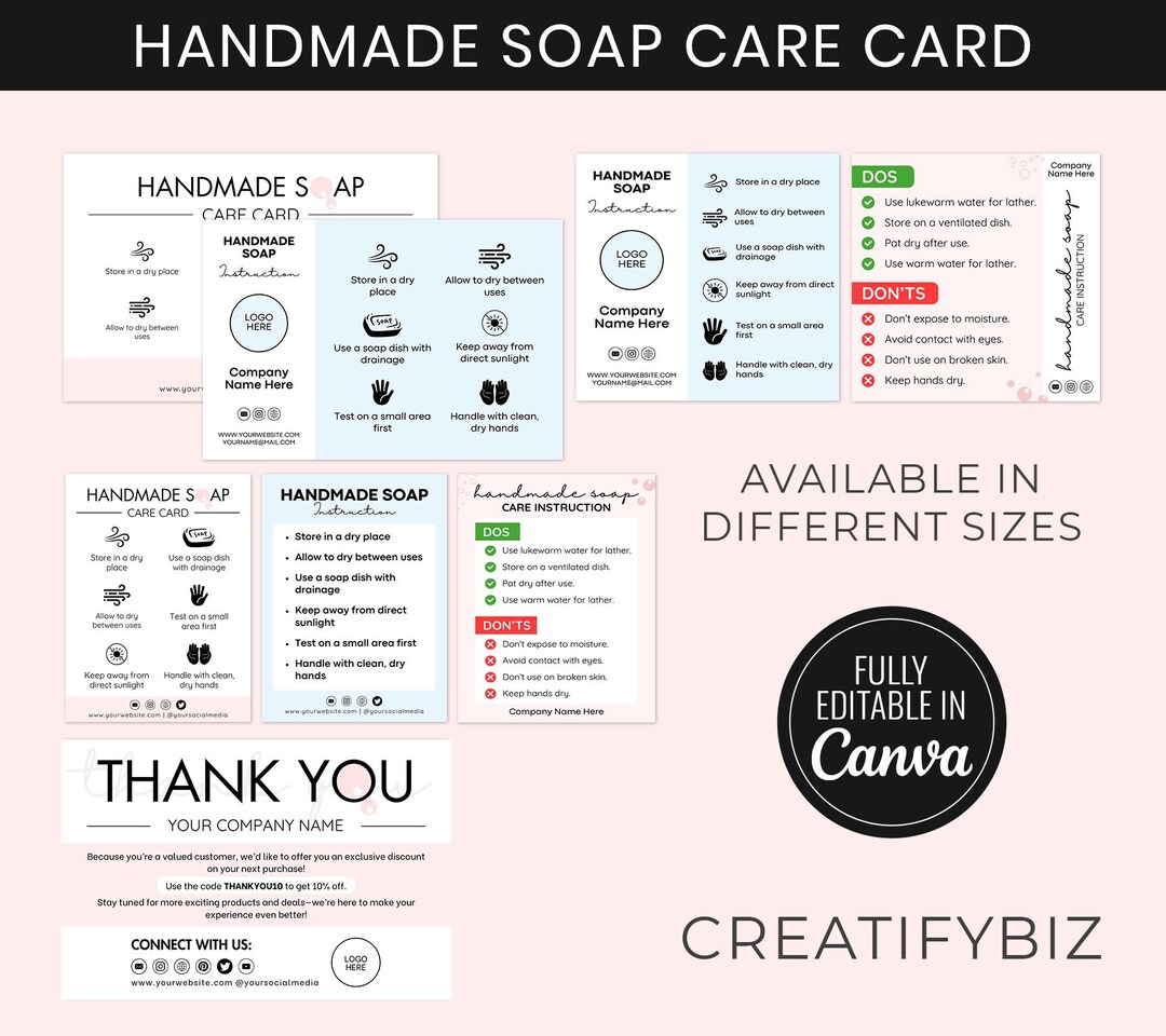 Editable Soap Care Card Template, Handmade Soap Instructions (canva) - Etsy