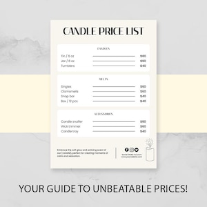 Candle Price List, Editable Canva Template, Candle Pricing, Price Chart ...