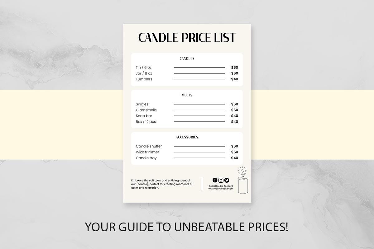 Candle Price List Template, Editable Canva Pricing Guide (5x7 & 10x8 ...