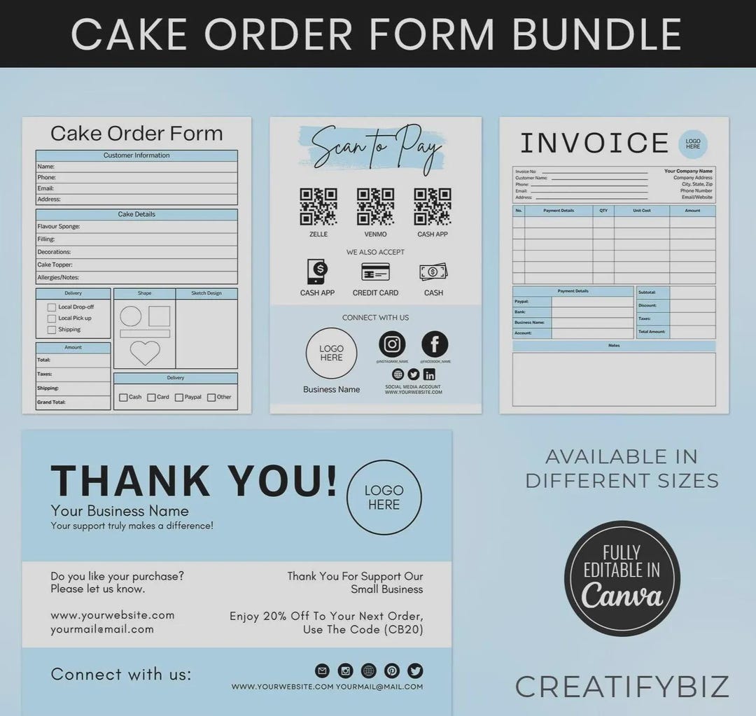 Editable Cake Order Form, Canva Bakery Business, Printable Invoice ...