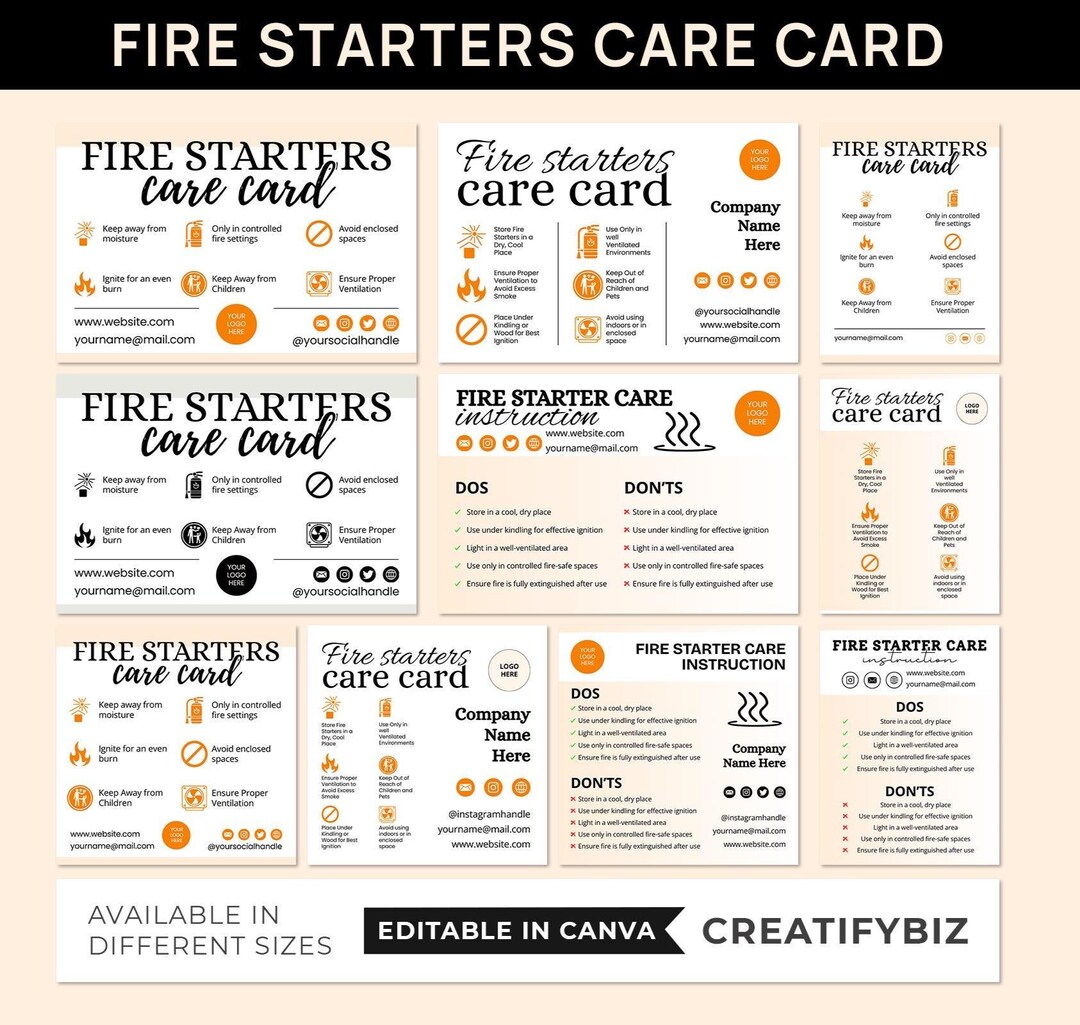 Editable Fire Starters Care Card Template, Canva Outdoor Fire ...