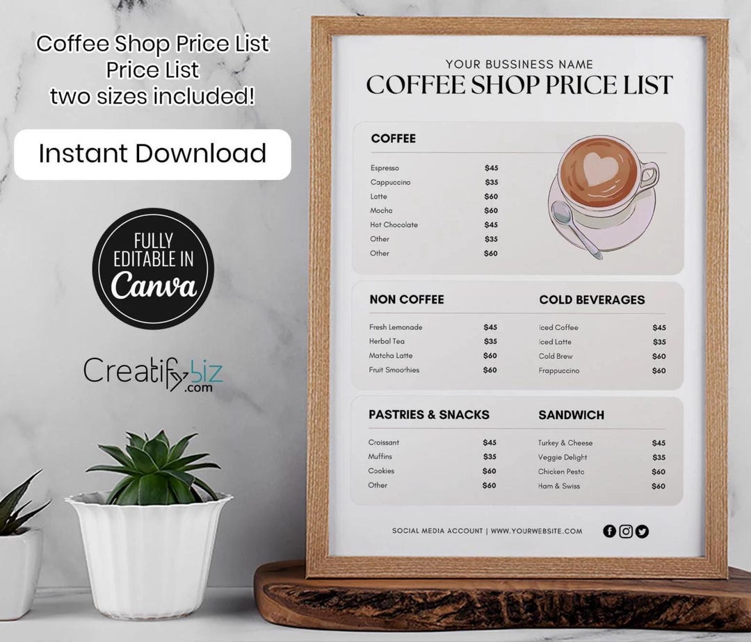 Coffee Shop Menu Template, Customizable Cafe Price List (5x7, 10x8 ...