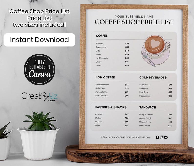 Coffee Shop Menu Template, Customizable Cafe Price List (5x7, 10x8 ...
