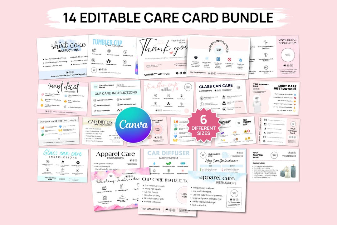 Printable Care Card Template Bundle, Personalized Car Diffuser, Shirt ...