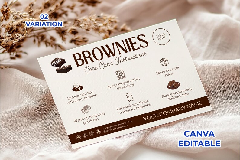 Brownies Care Card Template, Editable Brownie Label Care Instructions ...
