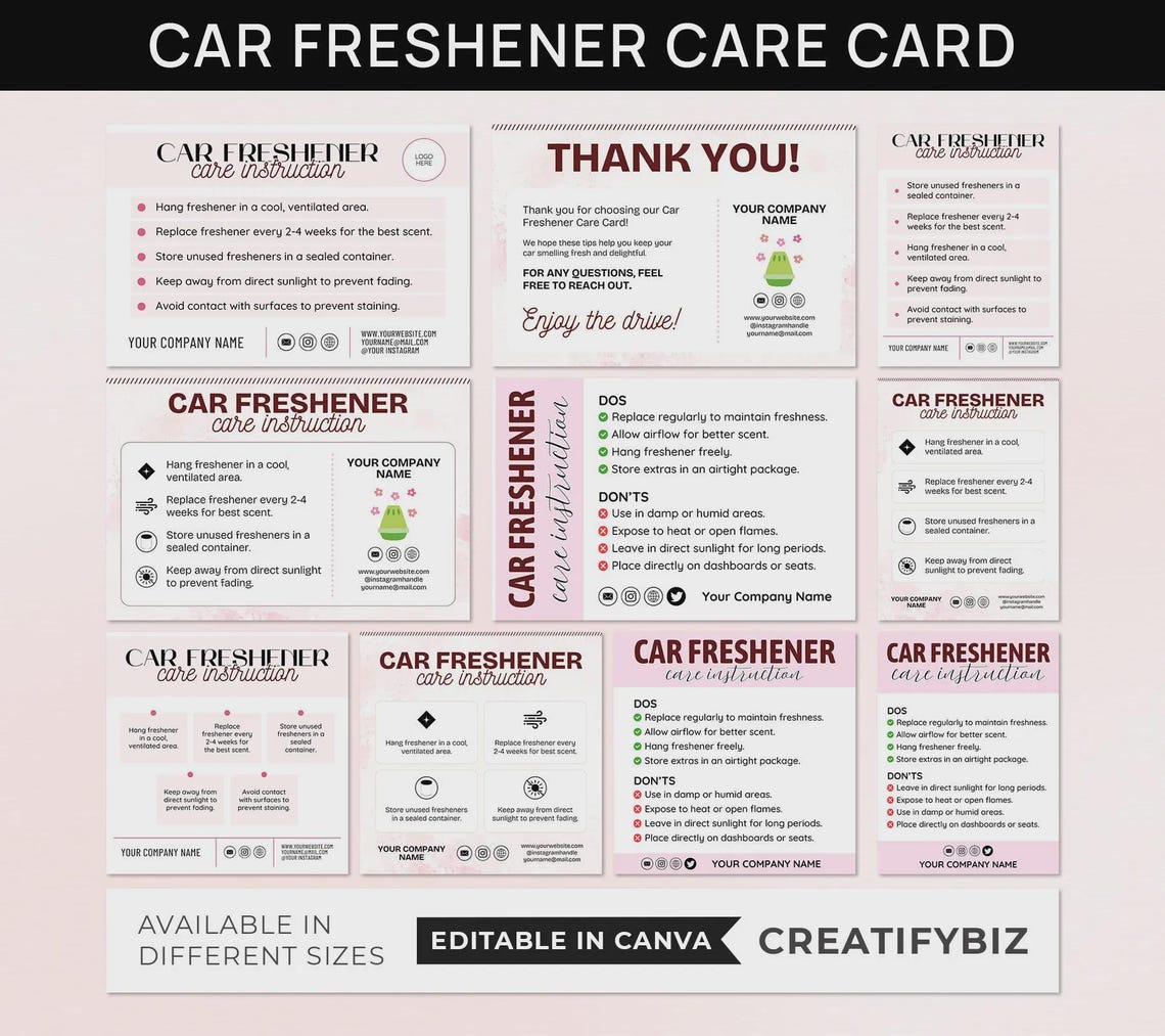 Printable Car Freshener Care Instructions Card Template for Small ...